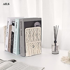 AELS Boho Macrame Bookends with Tassels, Heavy Duty Metal Book Ends, Decorative Unique Bookend Supports for Shelves, Stopper for Books/Movies/CD, Farmhouse Decoration