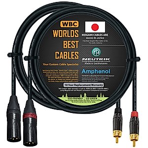 WORLDS BEST CABLES 3 Foot - RCA to XLR (Male) Cable Pair – Mogami 2549 Audio Interconnect Cable & Amphenol ACPL RCA & Neutrik Male XLR Gold Plugs - Custom Made