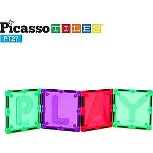 PicassoTiles PT27 Magnetic Building Blocks Alphabet Toy Set Magnet Tiles Construction Toys 3D Clear Color Stacking Block Toy STEM Playboard, Learning by Playing, Creativity Beyond Imagination