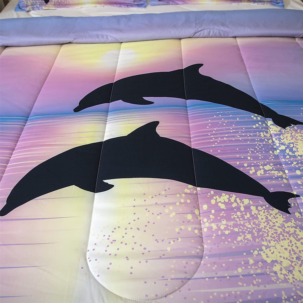 Blue and Purple Ocean Sunset Comforter Sets 3 Pieces Kids Twin Size Quilted Bedding 3D Dolphins Bed in a Bag for Boys Girls Animal Quilt Queen (034Comforter, Twin)