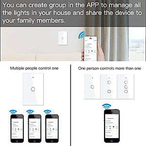 MOES Touch Wall Single Live Wire Smart Switch，No Neutral Wire Needed, 2.4GHz WiFi RF433 Light Switch Works with Smart Life/Tuya App, Alexa and Google Home, Single Pole 110V, White 1 Gang