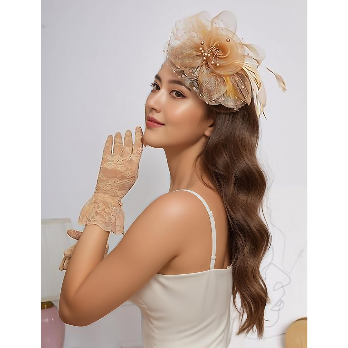 Durzasvo Women's 2PC Fascinator and Lace Glove Wedding Tea Party Kentucky Derby Mesh Flower Feather Fascinators with Headband and Clip Gold