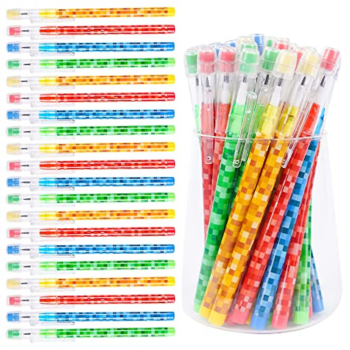 Kolewo4ever 48pcs Minecraft Pixel Pencils Pixel Miner Multi Point Pencils Stackable Pencil with Matching Eraser Party Favor Craft Classroom Rewards Prizes Goody Bag Treat Bag Stuffers