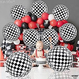 KatchOn, Metallic Pink Balloons - Pack of 24 | Pink Foil Balloons, Checkered Flag Balloons | Black and White Checkered Balloons for Pink Birthday Party Decorations and Race Car Birthday Party Supplies