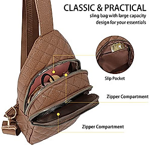 EMBRUNIOICE Vegan Leather Sling Bag for Women Quilted Crossbody Sling Backpack for Cycling Hiking Travel（Brown）