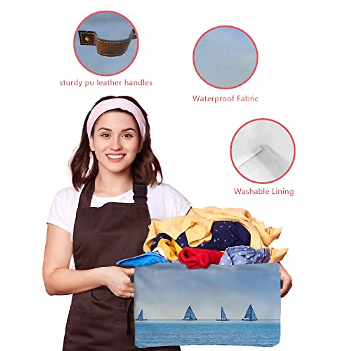 Blue Wide Sea Sailboat Storage Bins, Collapsible Cube Storage Organizer with Handles, Sea Horizon Sky White Clouds Waterproof Clothes Hamper Storage Basket for Toys/Blanket 15"x11"x9.5"