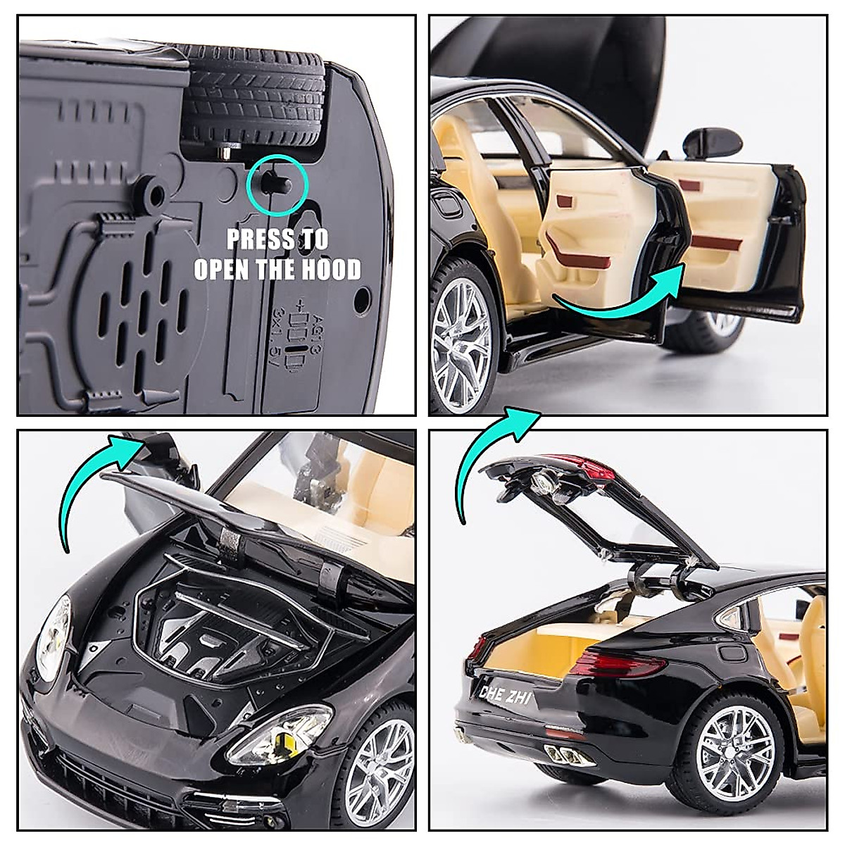 BDTCTK 1/24 Palamera Model Car Toy, Zinc Alloy Pull Back Toy car with Sound and Light for Kids Boy Girl Gift (Black)