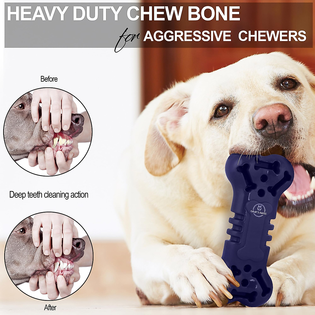 GRAY'S FAVES Goodie Dog Chew Bone Toy with Treat Dispensing Grooves, Heavy-Duty for Aggressive Chewing, Enriching and Interactive Play for Puppies, Safely Cleans Teeth (Blue)
