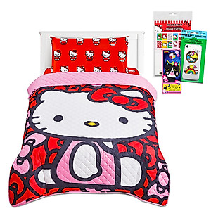 Hello Kitty Bedding Set Twin Bed - Bundle with Hello Kitty Bedspread, Flat Sheet, Fitted Sheet, and Pillowcase for Twin Bed Plus Posters, Decals, More | Hello Kitty Sheets for Girls