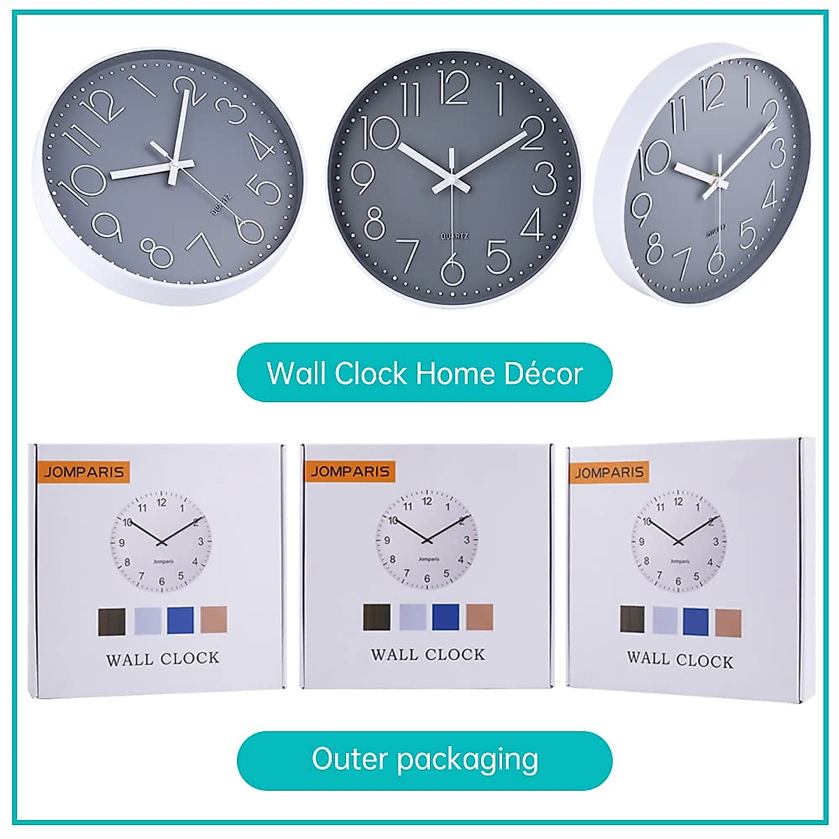 jomparis 12 Inch Non-Ticking Wall Clock Silent Battery Operated Round Wall Clock Modern Simple Style Decor Clock for Home/Office/School/Kitchen/Bedroom/Living Room (Gray)