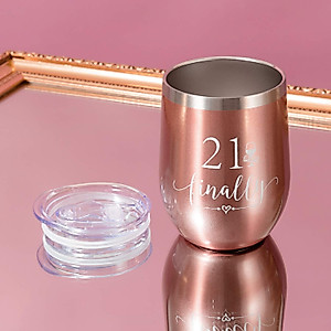 Crisky Rose Gold 21 & Finally Wine Tumbler for Girl 21st Birthday Gifts Funny Ideas for Girlfriend, Sister, Friends, Daughter, Her Wine Glass, Vacuum Insulated Coffee Cup 12oz, with Box, Lid and Straw