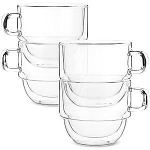 BTaT- Stackable Insulated Coffee Mugs, 4 Pack 16 oz(500 ml), Ideal for Hot and Cold Drinks, Stackable Cappuccino Cups, Double Wall Glass Coffee Cups, Tea Cups, Latte Cups, Beer Glasses, Latte Mug