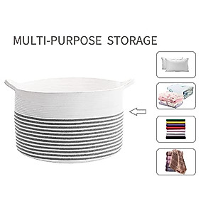 UBUL One Woven Cotton Rope Storage Basket(21.7X21.7X13.8Inch) With Handle, Blanket Basket, Shoes Basket, Toy storage, Pillow Basket, Round Basket, Towel Basket., Grey & White Stripes
