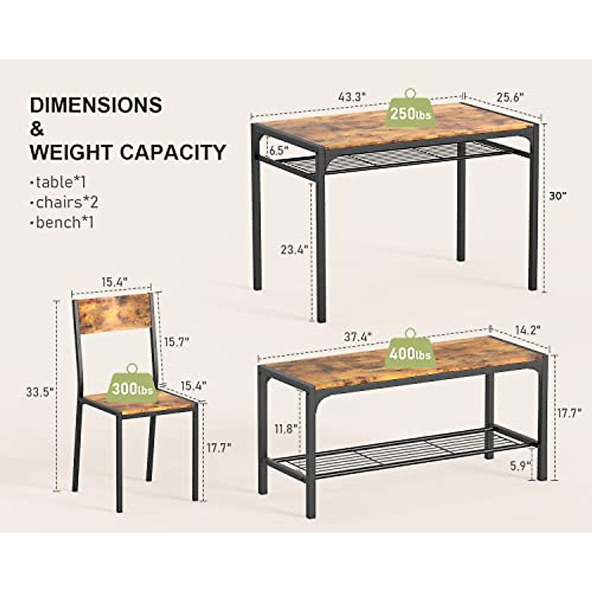 Gizoon Kitchen Table and 2 Chairs for 4 with Bench, 4 Piece Dining Table Set for Small Space, Apartment (Rustic Brown)