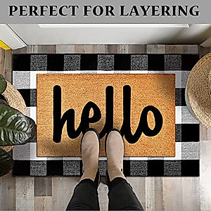 Frendy Buffalo Plaid Outdoor Rug, 27.5" x 43" (2.3' x 3.6') Hand-Woven Plaid Rug for Front Porch, Washable Layered Door Mat, Cotton Black and White Checkered Rug for Living Room/Entryway