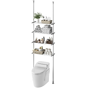 DYN Ptah 4-Tier Over Toilet Bathroom Organizer Floor to Ceiling, Over The Toilet Storage Rack with Tension Poles/Shelves, Adjustable Height, Width and Position, Metal Grey