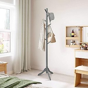 Tangkula Wooden Tree Coat Rack Freestanding, Entryway Coat Stand with 8 Hooks, Height Adjustable Coat Tree, Coat Hanger Stand for Home Office Hall Entryway