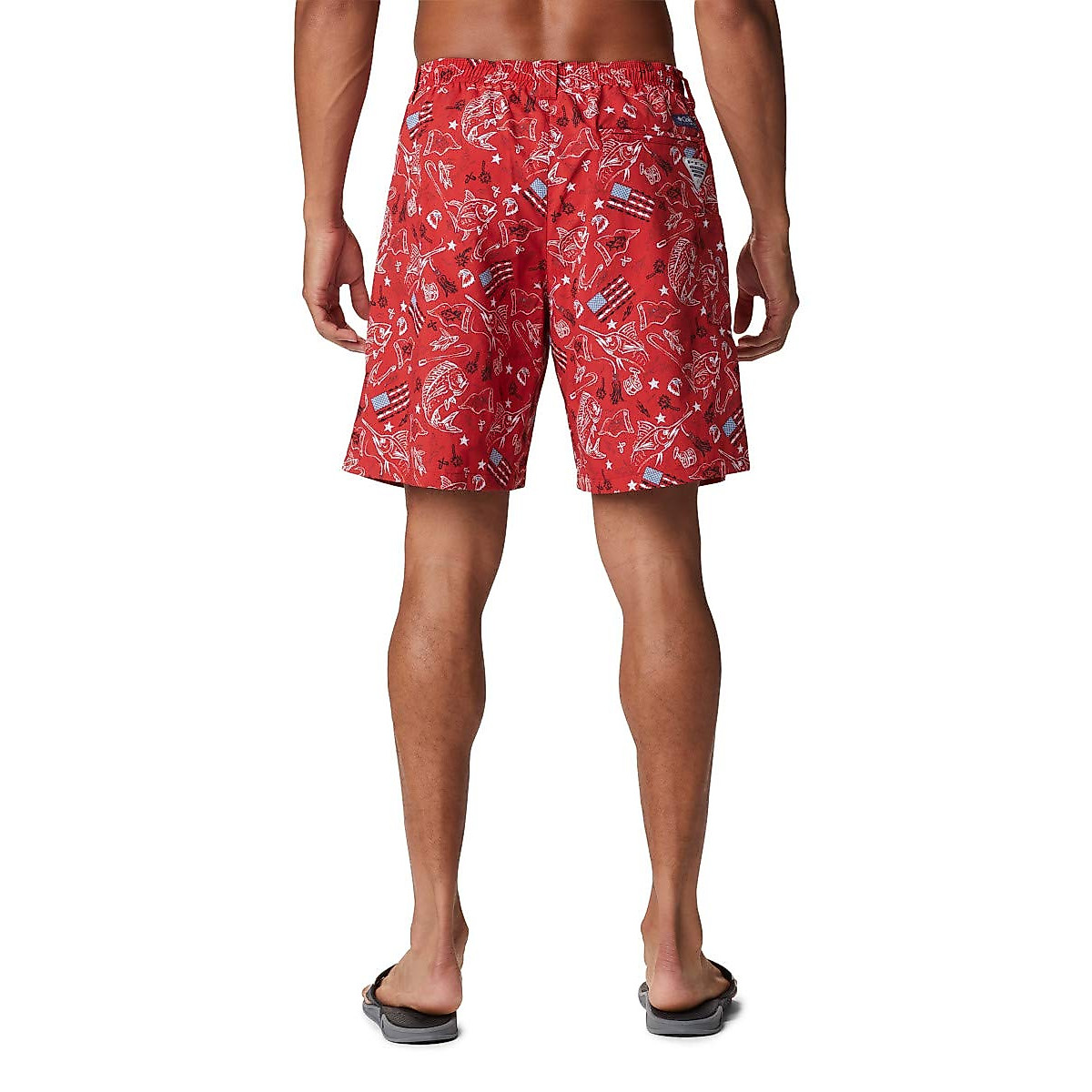 Columbia PFG Men’s Super Backcast Water Shorts, Quick Dry, Sun Protection, Red Spark Americana Fishing Print, Medium