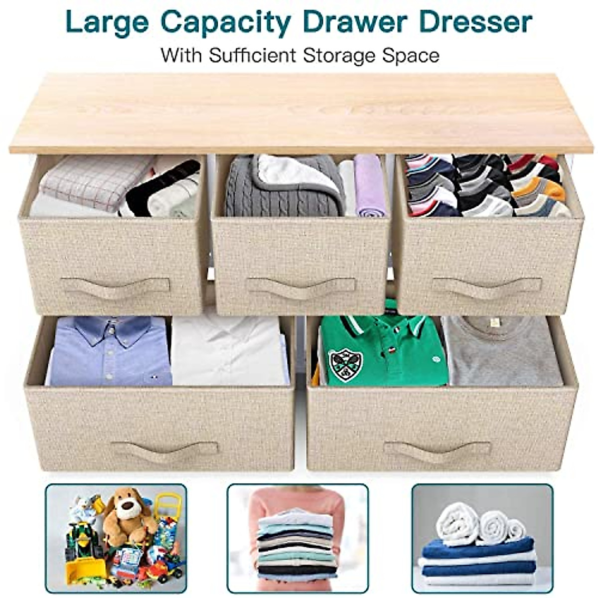 Pipishell Fabric Dresser with 5 Drawers, Wide Dresser Storage Tower, Organizer Unit with Wood Top and Easy Pull Handle for Closets, Living Room, Nursery Room, Hallway