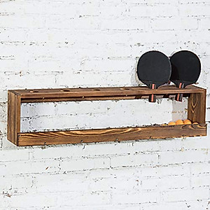 MyGift Wall Mounted Solid Burnt Wood Ping Pong Paddle Table Tennis Racket Display Rack Holder with Ball Holder Storage Shelf