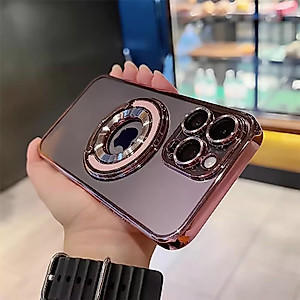 Uioeua Compatible with iPhone 13 Pro Max Magnetic Clear Kickstand Case,Luxury Plating Transparent Bracket MagSafe Case with Full Camera Lens Protector for iPhone 13 Pro Max Women Girl Men-Elegant Pink