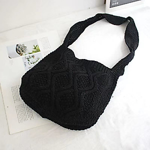 Fairycore Crochet Tote Bag Women's Shoulder Bags Trendy Hobo Bag Y2K Aesthetic Shopping Handbag Accessories (Black)