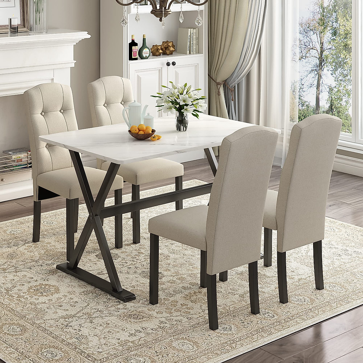 LZ LEISURE ZONE Dining Table Set, Solid Wood 5-Piece Dining Set with Faux Marble Tabletop and Upholstered Dining Chairs for 4, Dining Room Sets, White+Beige