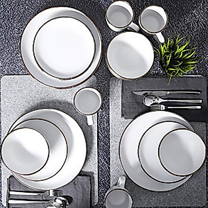 Gibson Home Rockaway Round Stoneware Dinnerware Set, Service for 4 (16pcs), Matte White/Metallic Rim