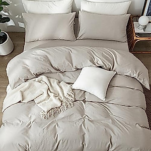 MooMee Bedding Duvet Cover Set 100% Washed Cotton Linen Like Textured Breathable Durable Soft Comfy (Cream Grey, Queen)