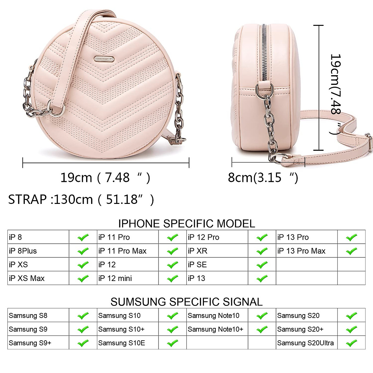 Stylish Cute Round Bag for women,Faux Leather Quilted Small Pink Crossbody Purse,Fashion Lightweight Cell Phone Summer Bag with Chain Strap