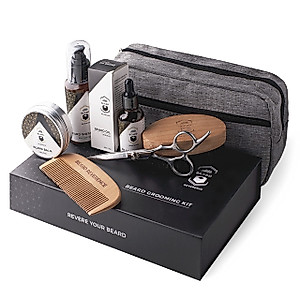 Beard Reverence Premium Beard Grooming Kit for Men Care w/Upgraded Travel Bag – All-Natural Beard Oil, Beard Balm Butter Wax, Beard Wash, Scissors, Comb, Boar Bristle Brush with Gift Set Box