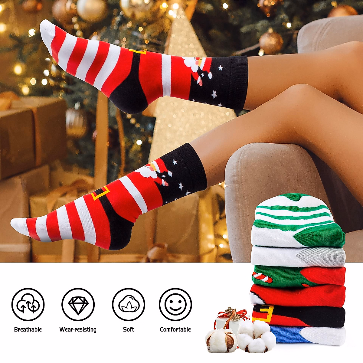 TENYSAF Fun Christmas Socks for Women - Funny Xmas Gifts for Female Novelty Cozy Crew Cotton Sock Set