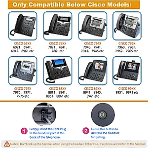 VoiceJoy Corded RJ9 Phone Headset Binaural with Noise Canceling Microphone ONLY for Cisco IP Phones: Such as 7942 7971 8841,8845, 8851, 8861,8945, 8961, 9951, 9971 etc