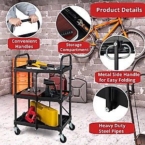 IRONMAX Folding Tool Cart on Wheels, Heavy Duty 3 Tier Foldable Utility Cart w/ 4 Universal Wheel & Compartments, Lightweight Collapsible Service Cart for Garage, Home, Office