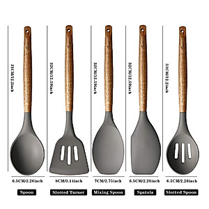 Miusco Non-Stick Silicone Kitchen Utensils Set with Natural Acacia Hard Wood Handle, 5 Pieces, Grey, BPA Free, Baking, Serving and Cooking Utensils