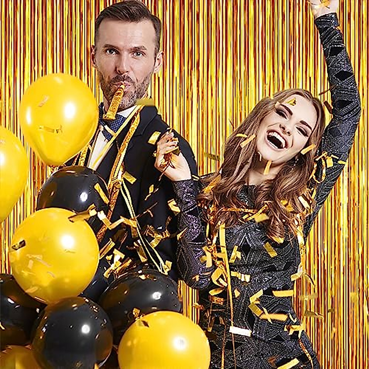 2 Pack 3.3x8.2 ft Gold Foil Fringe Curtains Backdrop, Tinsel Curtain Backdrop, Streamer Backdrop for Birthday Party, Graduation and Most Common Holiday Party Decorations. by TOPPOT