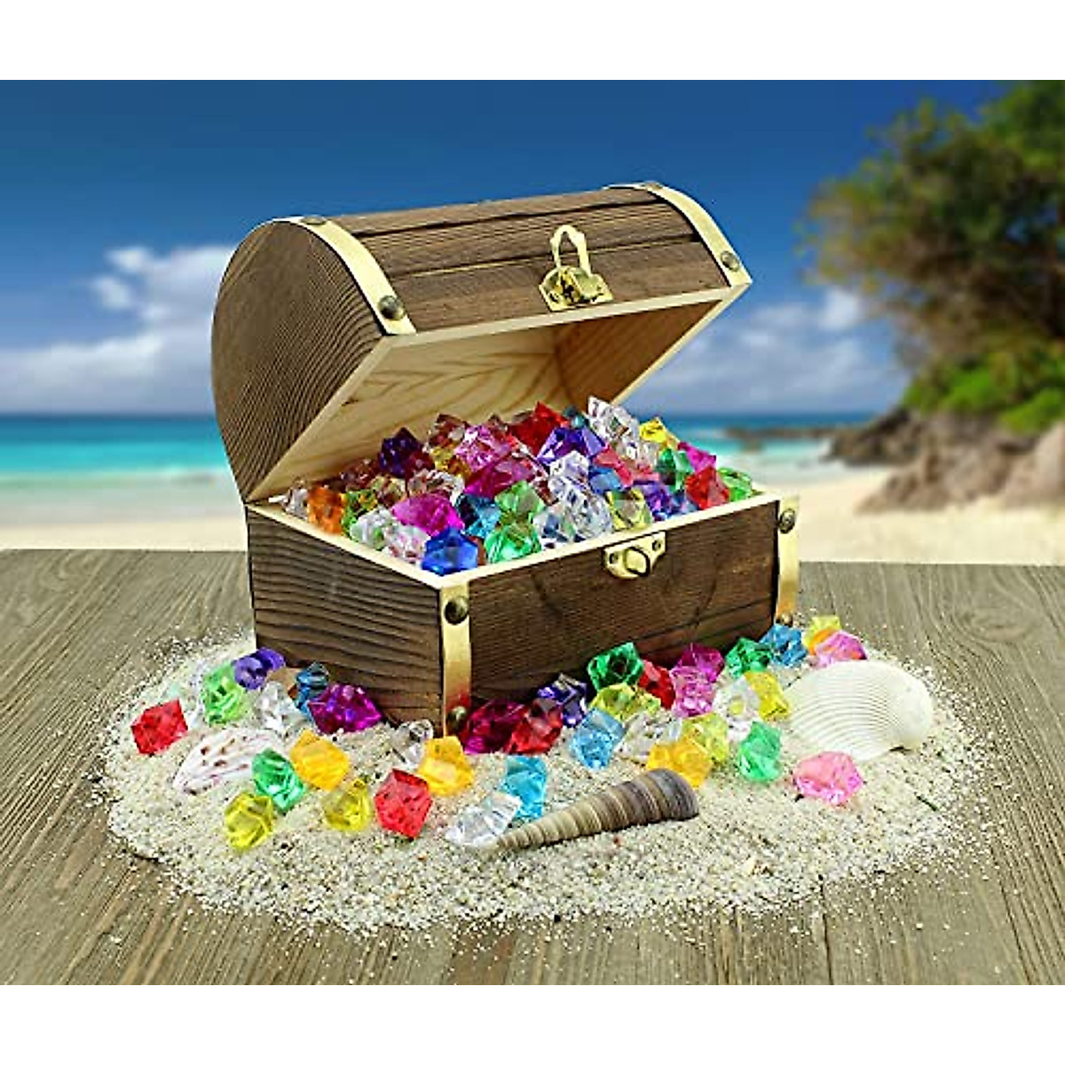 Attatoy Wooden Pirate Treasure Chest with 240 Colored Jewels (Plastic Gems); 6" x 4.5" x 5" Antique Style Wood Box; 1 Lb. Acrylic Gemstones