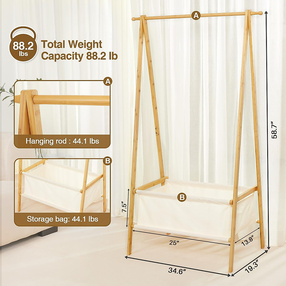 Cozivolife Bamboo Clothes Rack with Storage Box, Garment Rack Clothing Racks for Hanging Clothes, Foldable Wardrobe Storage Rack for Entryway and Bed Room (Natural)