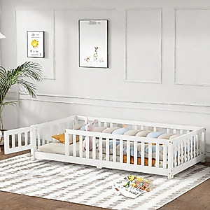 ChicFurnit Bed Frame, Twin Size Bed with Safety Guardrails & Door, Kids Floor Bed with Removed Slats, Floor Bed Frame with Low Profile Design for Bedroom, Living Room, No Box Spring Needed, White
