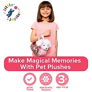 Little Jupiter Pet Plush Set with Purse w/ Reversible Sequins & Charm - Stuffed Animal Toy for Kids Ages 4 - 5 - 6 - 7 - Stuffed Animal Purse - Stuffed Animals for Girls - (White Labradoodle)
