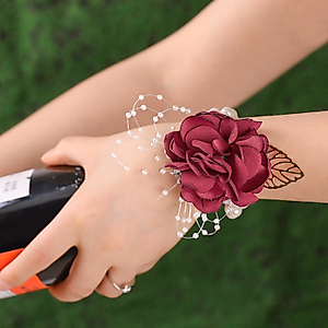 Yerpkefey Wrist Corsage and Boutonniere Set, 2 Wine Red Rose Wrist Corsages for Bridesmaids Flower Girl, Wedding Party for Prom Photo Shoot Bridal