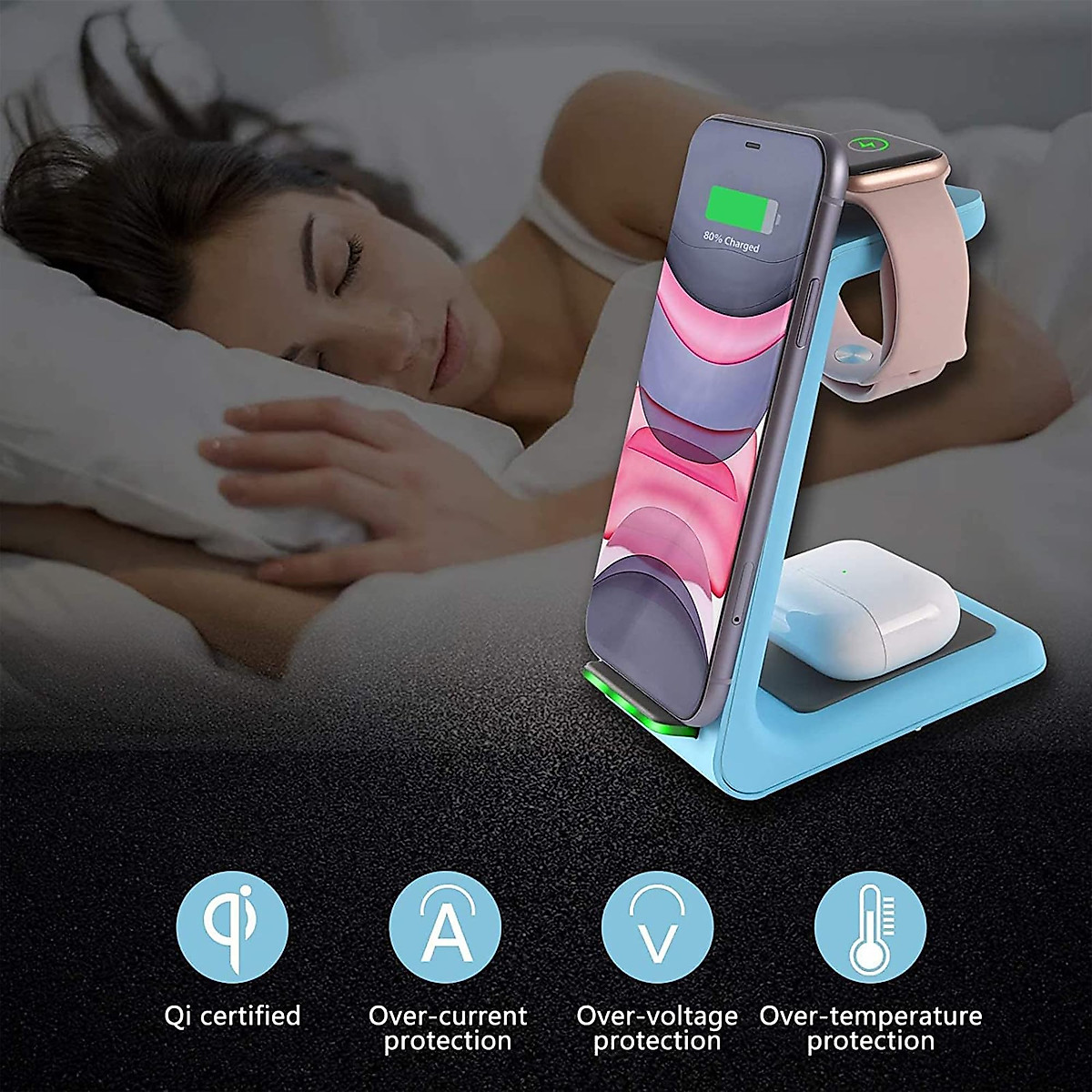 Wireless Charging Station, 3 in 1 Fast Wireless Charger Stand Dock Compatible with iPhone 15/15 Plus/15 Pro Max/14/13/13 Pro/13 Pro Max/12/12 Pro/11/XR/XS Max, iWatch Series SE/6/5/4/3/2,AirPods 2/Pro