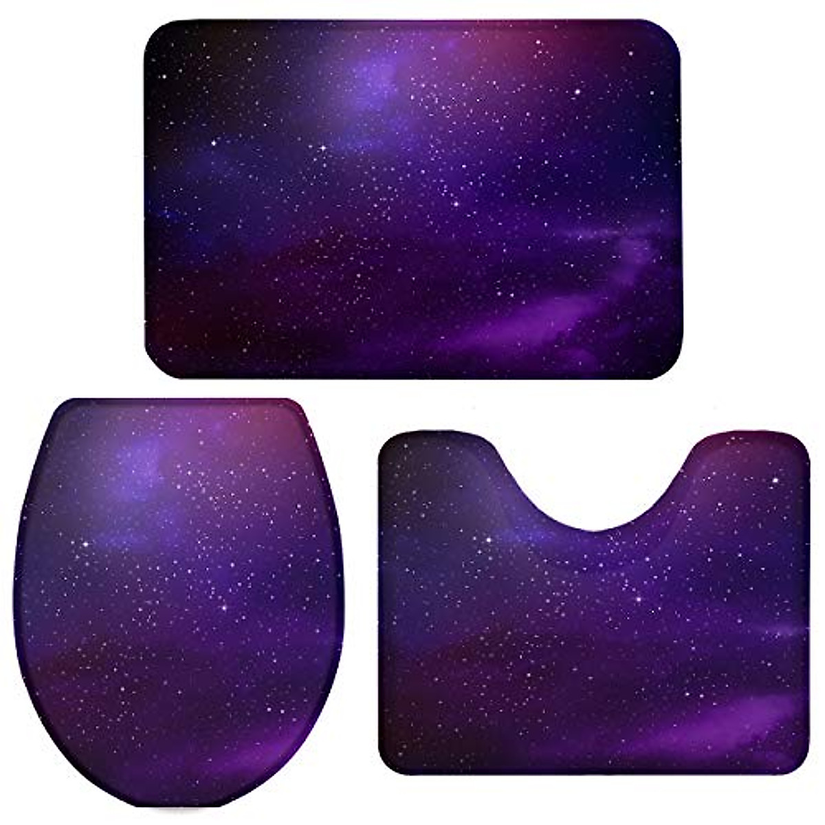 Fantasy Star Bath Rugs Set 3 Piece, Purple Starry Sky Washable Memory Foam Non-Slip Contour Mat Toilet Lid Cover Bath Mat Sets for Bathroom Decor, 18"x30"+14"x18"+15"x18" Small Size