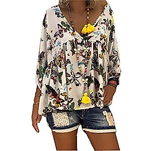 Andongnywell Women's V Neck Casual Loose Sleeve Floral Print Chifffon Blouse Tunic V Neck Floral Print Shirt (Multicolor 1,5,XX-Large)