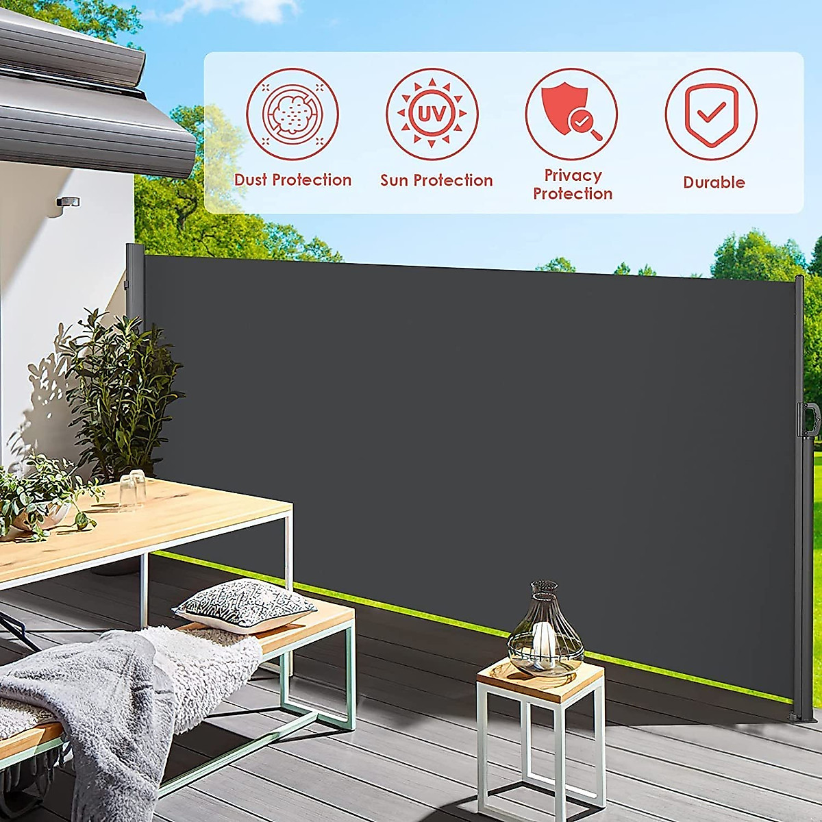 Retractable Side Screen Awning, UV Resistant, Waterproof, Patio Privacy Screen for Garden, Balcony, Courtyard(Dark Grey), 118.1" x 70.9"