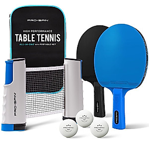 PRO SPIN All-in-One Portable Ping Pong Paddle Set | Ultra-Comfort Paddles | Table Tennis Set | Retractable Ping Pong Net (Up to 72" Wide) | 3-Star Balls | Storage Case | Game Table | Gift