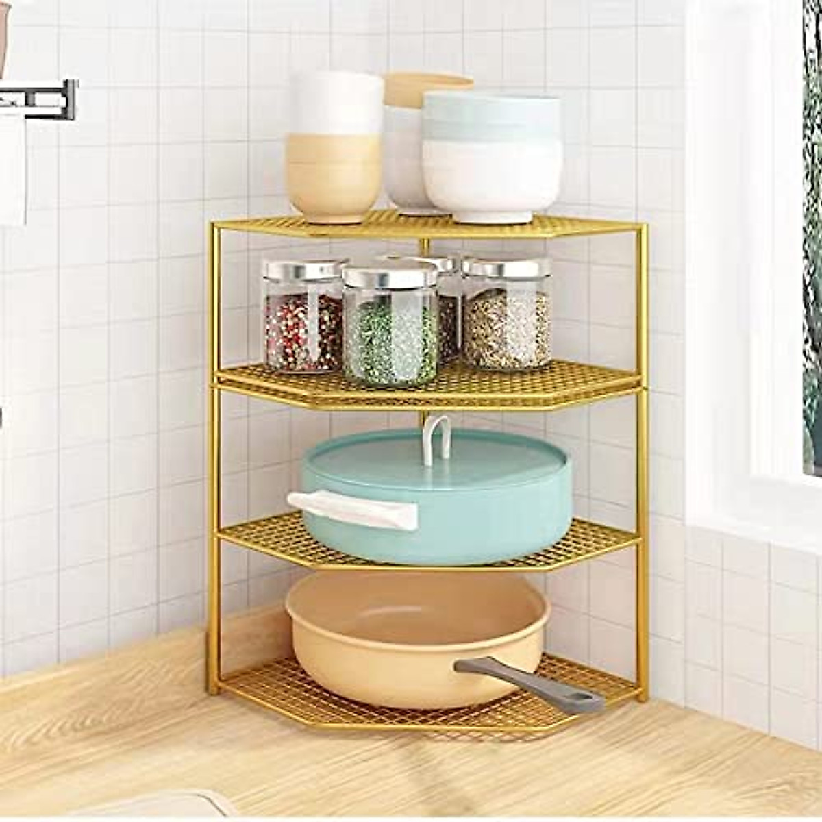 通用 Small Corner Bookshelf, White, Black, Gold Metal Corner Shelf, Kitchen Storage Rack, Desktop Storage, Office Corner Organizer (Gold, 3 Tier)