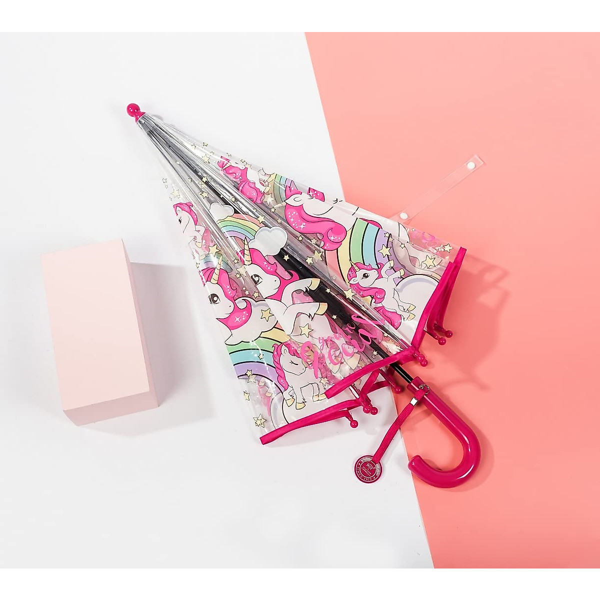 Wxjiahetai Kids Clear Bubble Umbrella Transparent Dome See Through Child Umbrellas for Rain Boys Girls with Pinch-Proof Closure and Easy-Grip Hook Handle(Clear Red Unicorn)