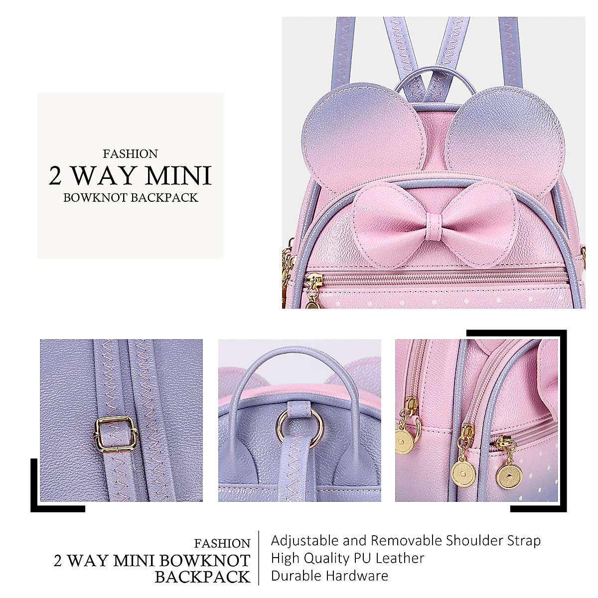 KL928 Girls Mini Backpack Bowknot Polka Dot Cute Small Daypacks Convertible Shoulder Bag Purse for Women