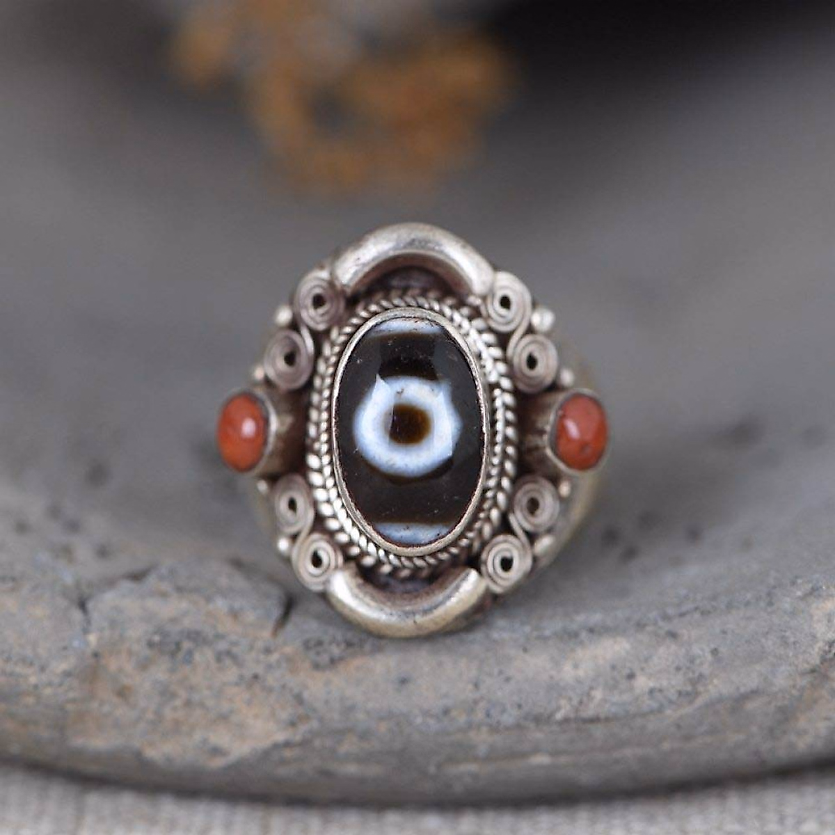 925 Sterling Silver Ring,Adjustable Ring Vintage Ethnic Dzi Bead Agate Inlaid Open Ring Tribal Civilization Orment Persolity Avant-Garde Fashion Jewelry Gift